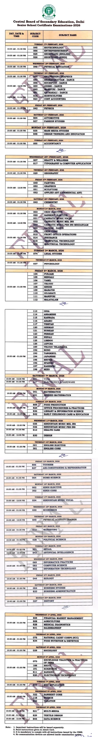 CBSE Class 12th Final Date Sheet 2026 - Download PDF Here