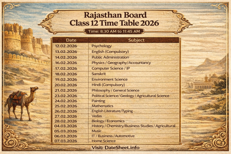 Rajasthan Board Class 12 Time Table 2026 - Date Sheet
